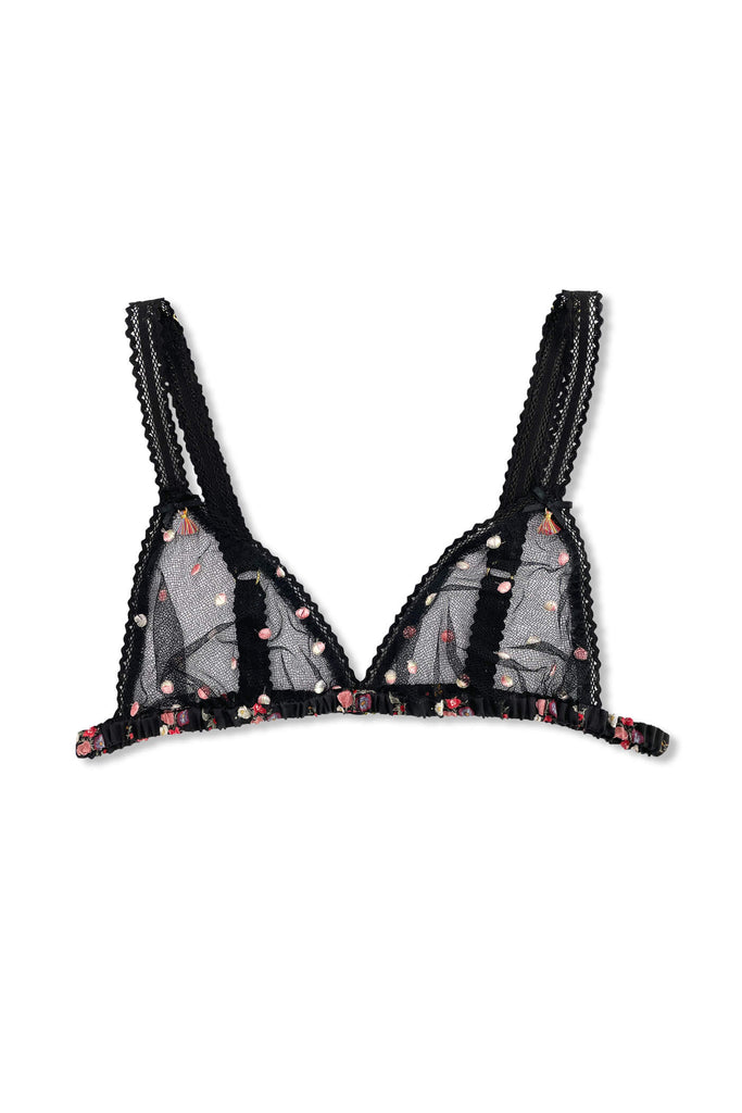 Posy Triangle Bralette | Black Sheer Bra with French Lace Pastel Polka ...